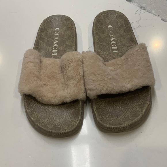 Coach | Shoes | Coach Tan Fuzzy Slides Sz9 Worn Once | Poshmark